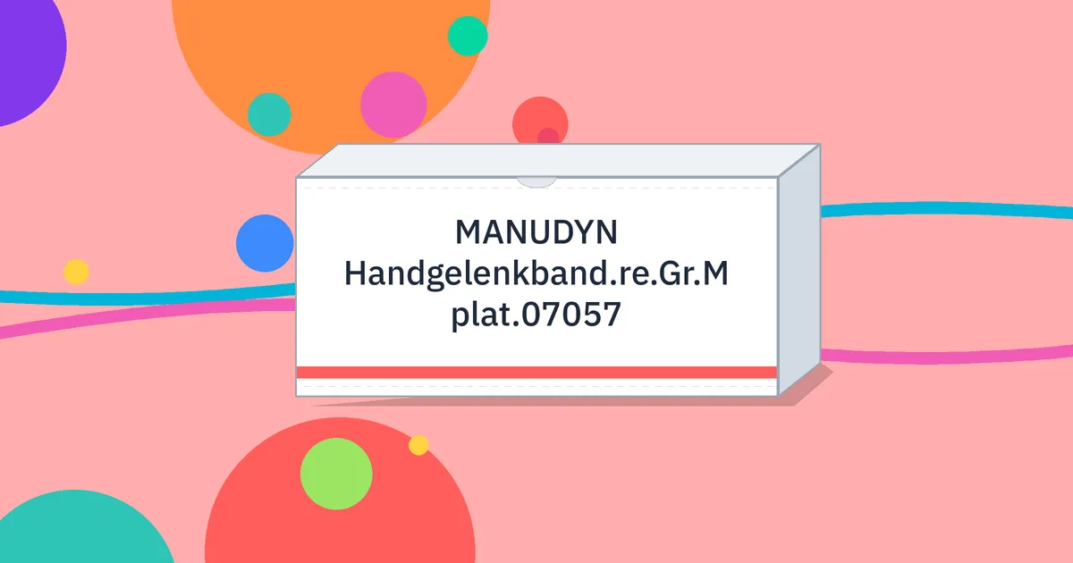 Symbolbild: Packung mit der Aufschrift MANUDYN Handgelenkband.re.Gr.M plat.07057 (PZN 06114905) – Verfügbarkeit und Bezug in Apotheken in Frankfurt am Main