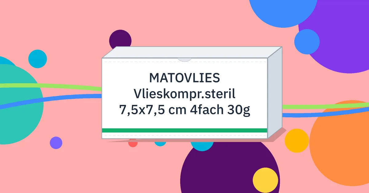 Symbolbild: Packung mit der Aufschrift MATOVLIES Vlieskompr.steril 7,5x7,5 cm 4fach 30g (PZN 00589949) – Verfügbarkeit und Bezug in Apotheken in Frankfurt am Main