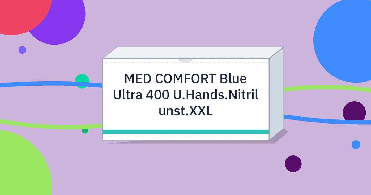 Symbolbild: Packung mit der Aufschrift MED COMFORT Blue Ultra 400 U.Hands.Nitril unst.XXL (PZN 15318363) – Verfügbarkeit und Bezug in Apotheken in Frankfurt am Main