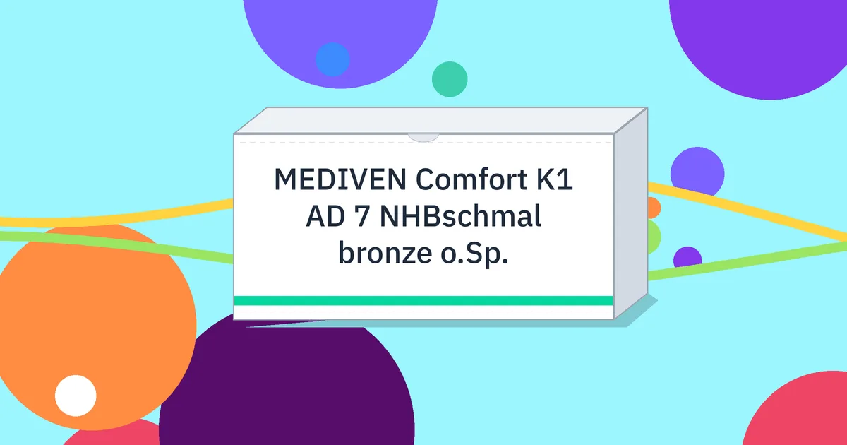 Symbolbild: Packung mit der Aufschrift MEDIVEN Comfort K1 AD 7 NHBschmal bronze o.Sp. (PZN 14561699) – Verfügbarkeit und Bezug in Apotheken in Frankfurt am Main