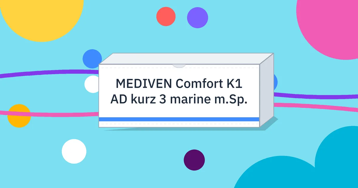 Symbolbild: Packung mit der Aufschrift MEDIVEN Comfort K1 AD kurz 3 marine m.Sp. (PZN 14563540) – Verfügbarkeit und Bezug in Apotheken in Frankfurt am Main