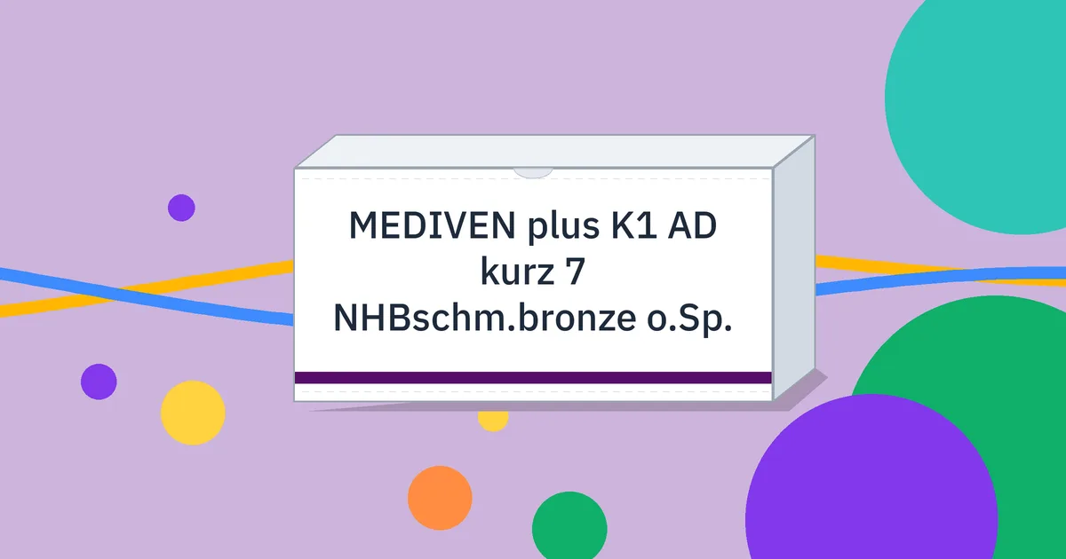 Symbolbild: Packung mit der Aufschrift MEDIVEN plus K1 AD kurz 7 NHBschm.bronze o.Sp. (PZN 15899638) – Verfügbarkeit und Bezug in Apotheken in Frankfurt am Main