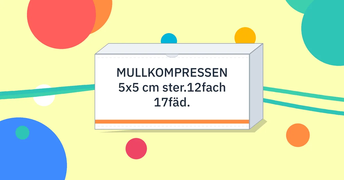 Symbolbild: Packung mit der Aufschrift MULLKOMPRESSEN 5x5 cm ster.12fach 17fäd. (PZN 06929990) – Verfügbarkeit und Bezug in Apotheken in Frankfurt am Main