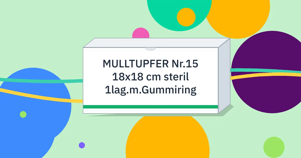 Symbolbild: Packung mit der Aufschrift MULLTUPFER Nr.15 18x18 cm steril 1lag.m.Gummiring (PZN 14266776) – Verfügbarkeit und Bezug in Apotheken in Frankfurt am Main