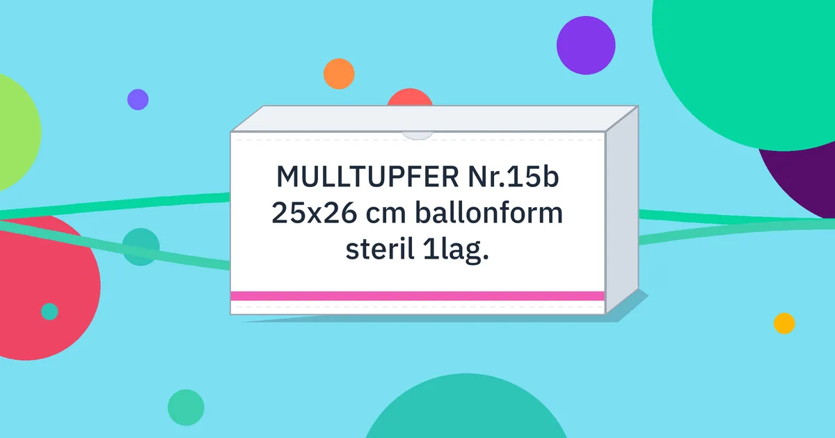 Symbolbild: Packung mit der Aufschrift MULLTUPFER Nr.15b 25x26 cm ballonform steril 1lag. (PZN 14267043) – Verfügbarkeit und Bezug in Apotheken in Frankfurt am Main