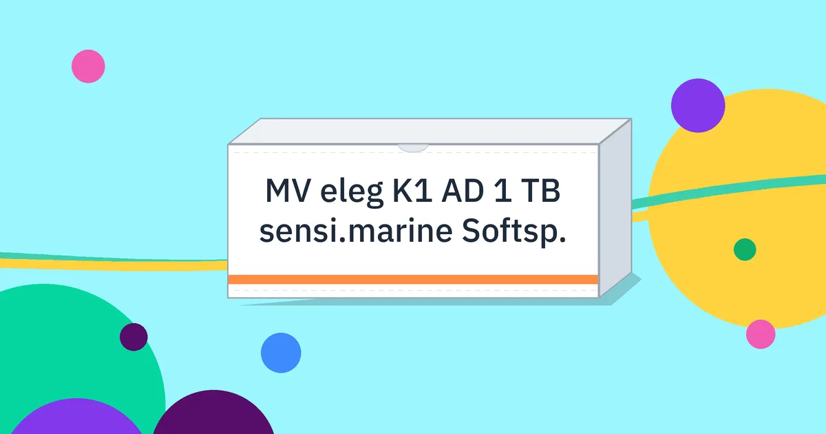Symbolbild: Packung mit der Aufschrift MV eleg K1 AD 1 TB sensi.marine Softsp. (PZN 14582201) – Verfügbarkeit und Bezug in Apotheken in Frankfurt am Main