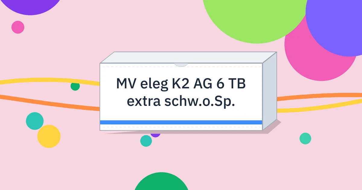 Symbolbild: Packung mit der Aufschrift MV eleg K2 AG 6 TB extra schw.o.Sp. (PZN 09877093) – Verfügbarkeit und Bezug in Apotheken in Frankfurt am Main