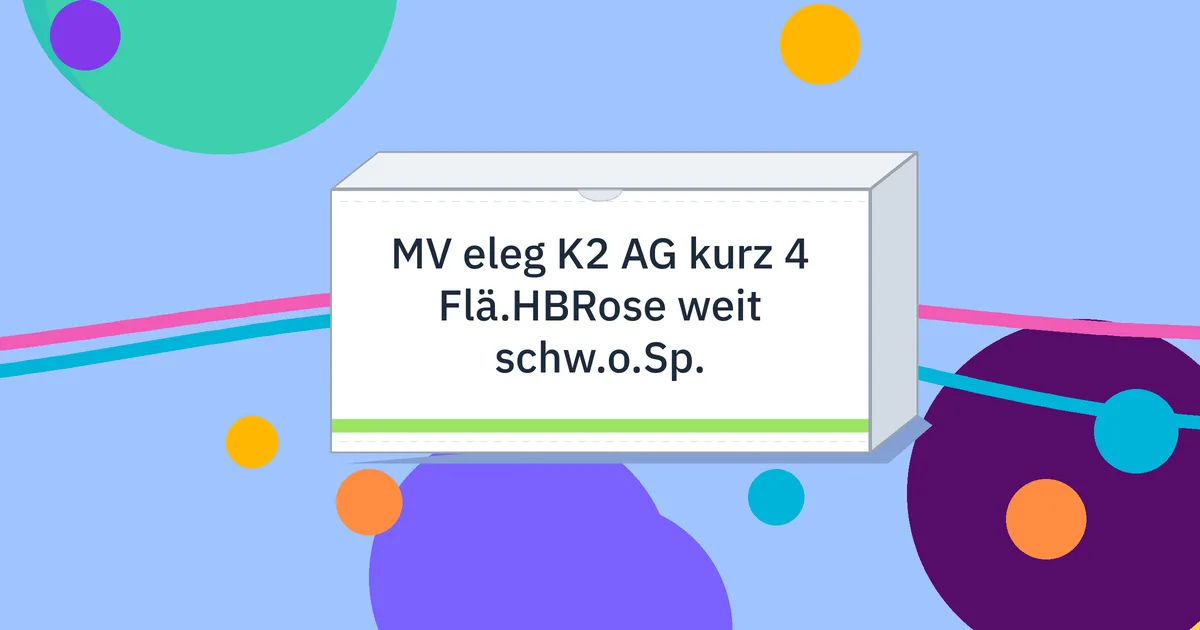Symbolbild: Packung mit der Aufschrift MV eleg K2 AG kurz 4 Flä.HBRose weit schw.o.Sp. (PZN 15707053) – Verfügbarkeit und Bezug in Apotheken in Frankfurt am Main