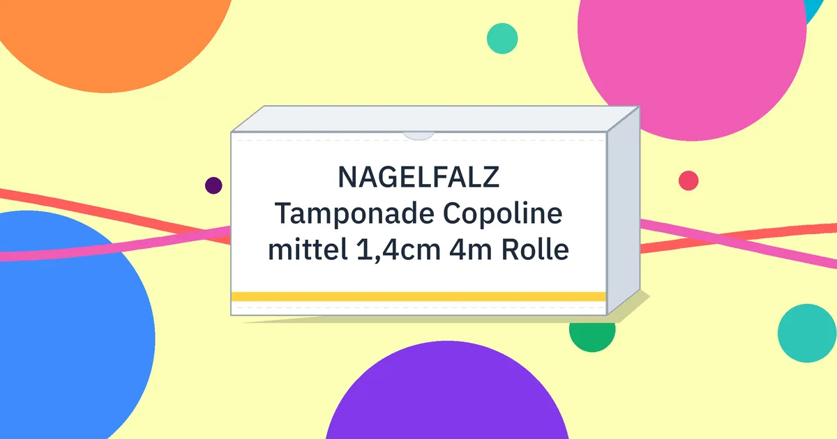 Symbolbild: Packung mit der Aufschrift NAGELFALZ Tamponade Copoline mittel 1,4cm 4m Rolle (PZN 17468552) – Verfügbarkeit und Bezug in Apotheken in Frankfurt am Main