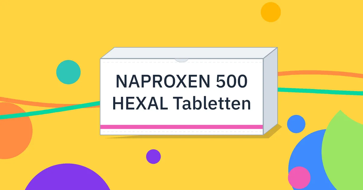 Symbolbild: Packung mit der Aufschrift NAPROXEN 500 HEXAL Tabletten (PZN 01288606) – Verfügbarkeit und Bezug in Apotheken in Frankfurt am Main