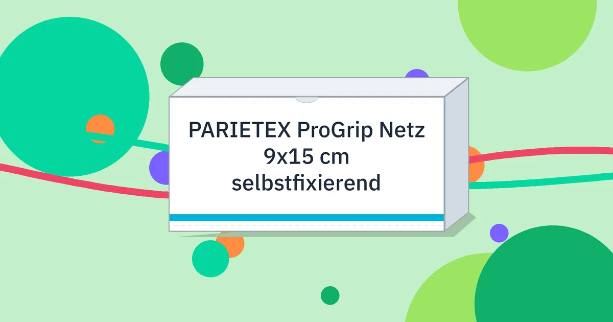 Symbolbild: Packung mit der Aufschrift PARIETEX ProGrip Netz 9x15 cm selbstfixierend (PZN 09153478) – Verfügbarkeit und Bezug in Apotheken in Frankfurt am Main