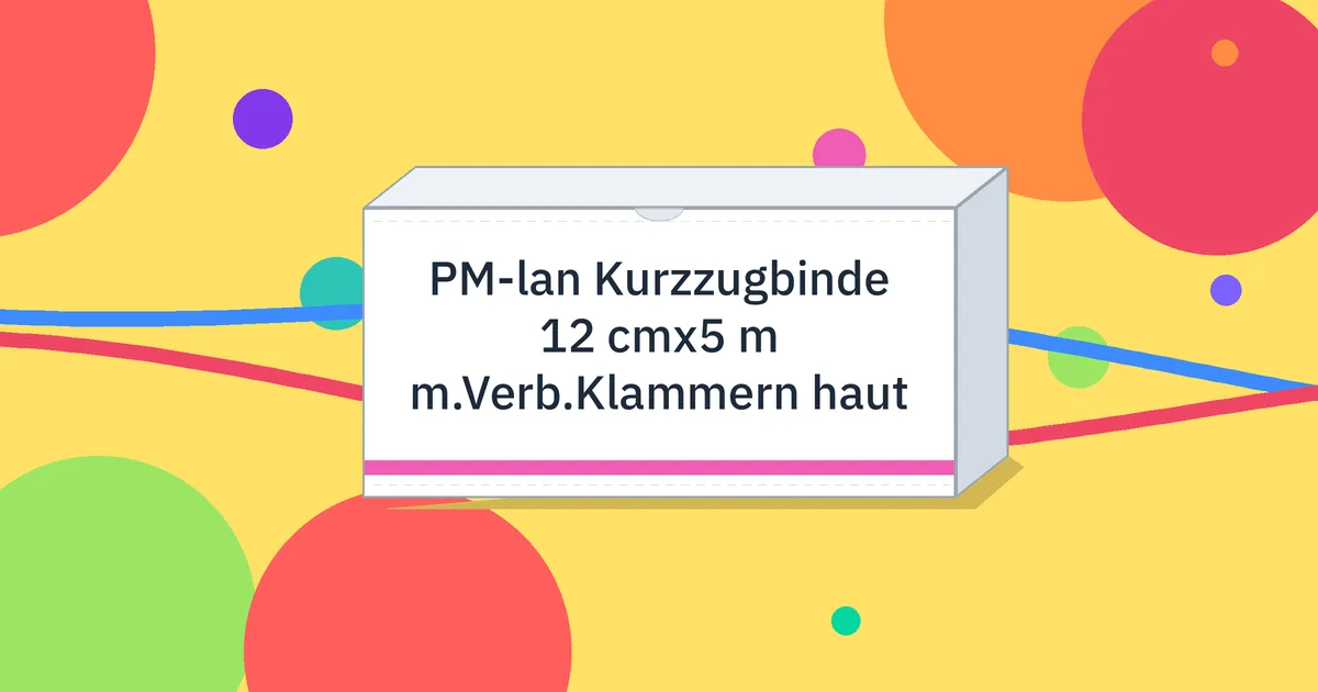 Symbolbild: Packung mit der Aufschrift PM-lan Kurzzugbinde 12 cmx5 m m.Verb.Klammern haut (PZN 18846246) – Verfügbarkeit und Bezug in Apotheken in Frankfurt am Main