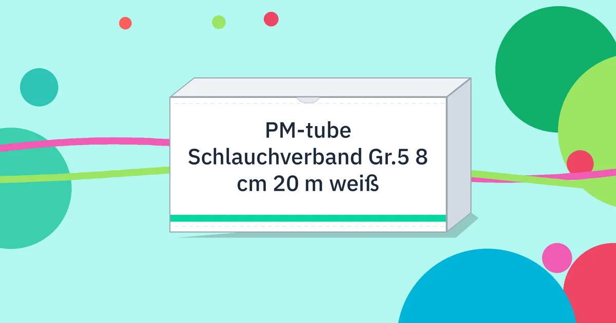 Symbolbild: Packung mit der Aufschrift PM-tube Schlauchverband Gr.5 8 cm 20 m weiß (PZN 18845838) – Verfügbarkeit und Bezug in Apotheken in Frankfurt am Main