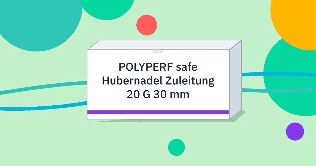 Symbolbild: Packung mit der Aufschrift POLYPERF safe Hubernadel Zuleitung 20 G 30 mm (PZN 12426365) – Verfügbarkeit und Bezug in Apotheken in Frankfurt am Main