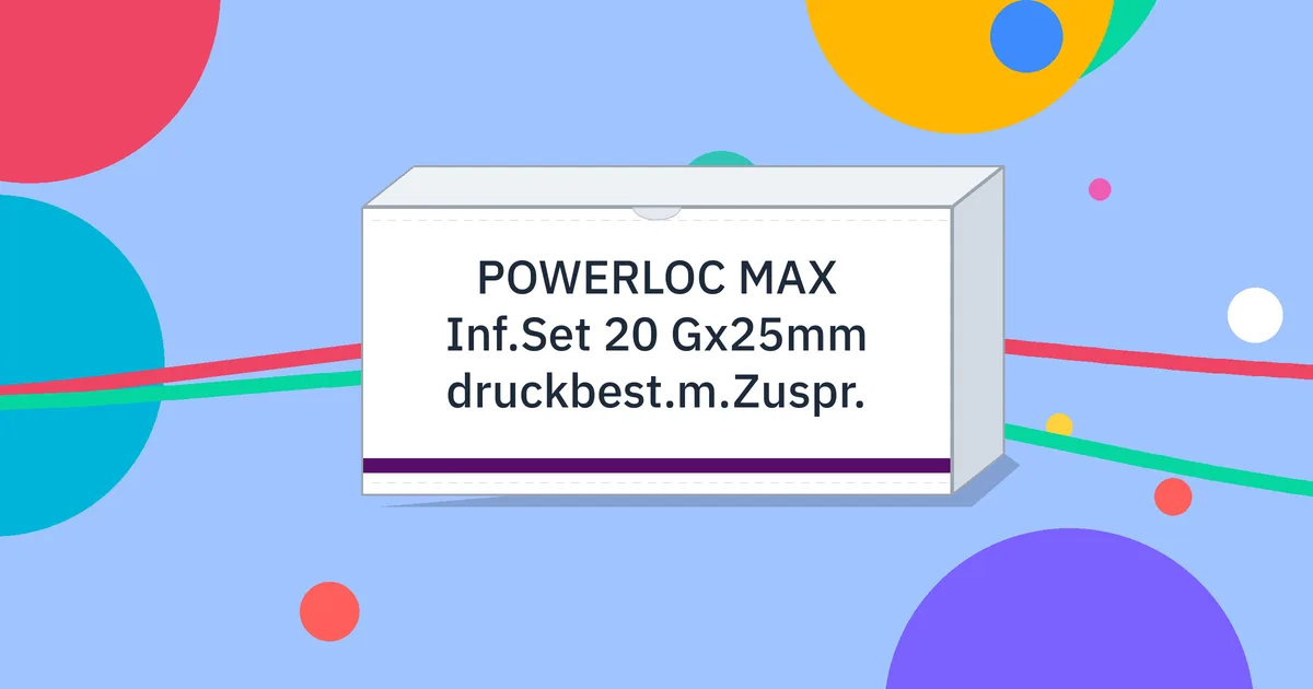 Symbolbild: Packung mit der Aufschrift POWERLOC MAX Inf.Set 20 Gx25mm druckbest.m.Zuspr. (PZN 18816245) – Verfügbarkeit und Bezug in Apotheken in Frankfurt am Main