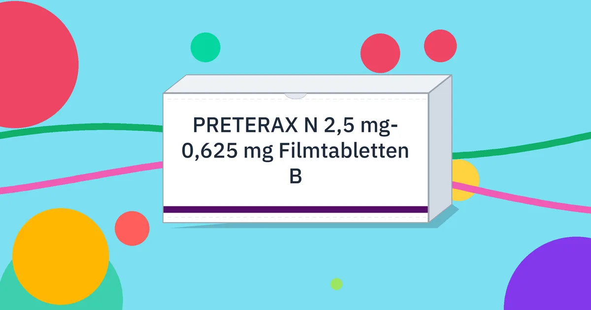 Symbolbild: Packung mit der Aufschrift PRETERAX N 2,5 mg-0,625 mg Filmtabletten B (PZN 12415077) – Verfügbarkeit und Bezug in Apotheken in Frankfurt am Main