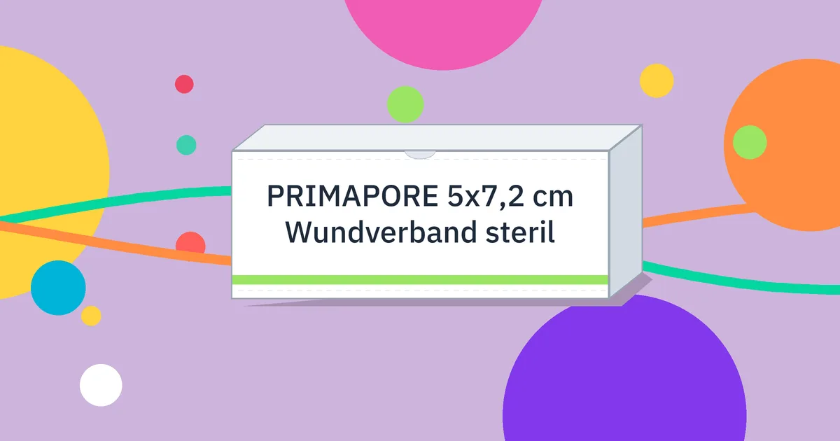 Symbolbild: Packung mit der Aufschrift PRIMAPORE 5x7,2 cm Wundverband steril (PZN 14329637) – Verfügbarkeit und Bezug in Apotheken in Frankfurt am Main