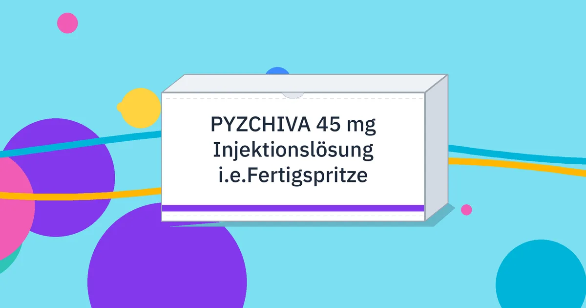 Symbolbild: Packung mit der Aufschrift PYZCHIVA 45 mg Injektionslösung i.e.Fertigspritze (PZN 20571006) – Verfügbarkeit und Bezug in Apotheken in Frankfurt am Main
