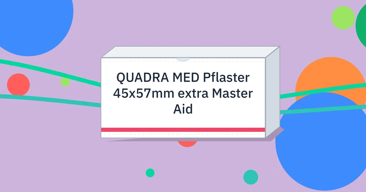 Symbolbild: Packung mit der Aufschrift QUADRA MED Pflaster 45x57mm extra Master Aid (PZN 20047593) – Verfügbarkeit und Bezug in Apotheken in Frankfurt am Main