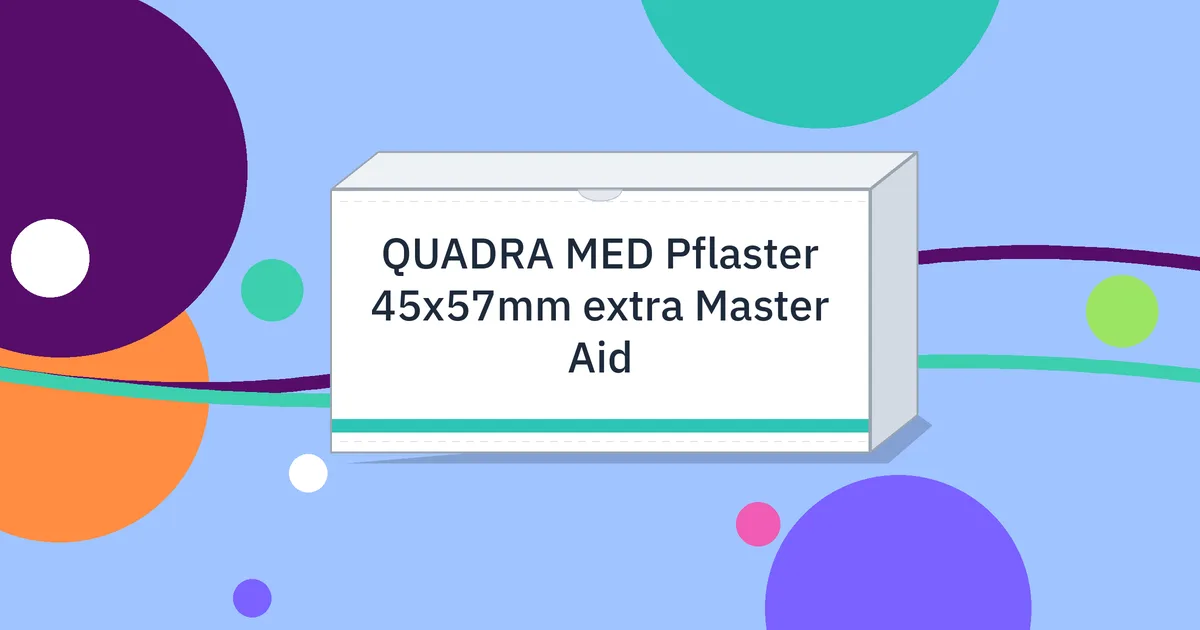 Symbolbild: Packung mit der Aufschrift QUADRA MED Pflaster 45x57mm extra Master Aid (PZN 00573500) – Verfügbarkeit und Bezug in Apotheken in Frankfurt am Main