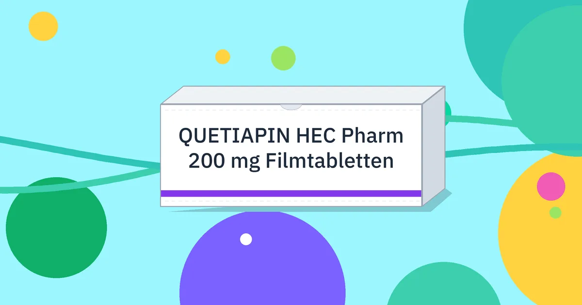 Symbolbild: Packung mit der Aufschrift QUETIAPIN HEC Pharm 200 mg Filmtabletten (PZN 20523177) – Verfügbarkeit und Bezug in Apotheken in Frankfurt am Main