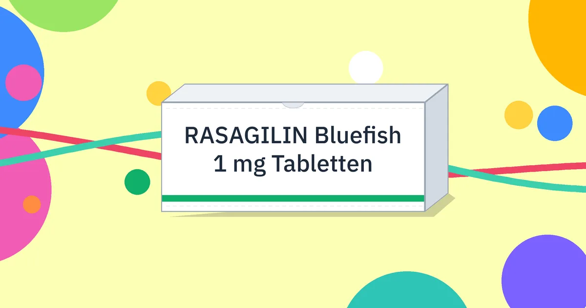 Symbolbild: Packung mit der Aufschrift RASAGILIN Bluefish 1 mg Tabletten (PZN 11599052) – Verfügbarkeit und Bezug in Apotheken in Frankfurt am Main