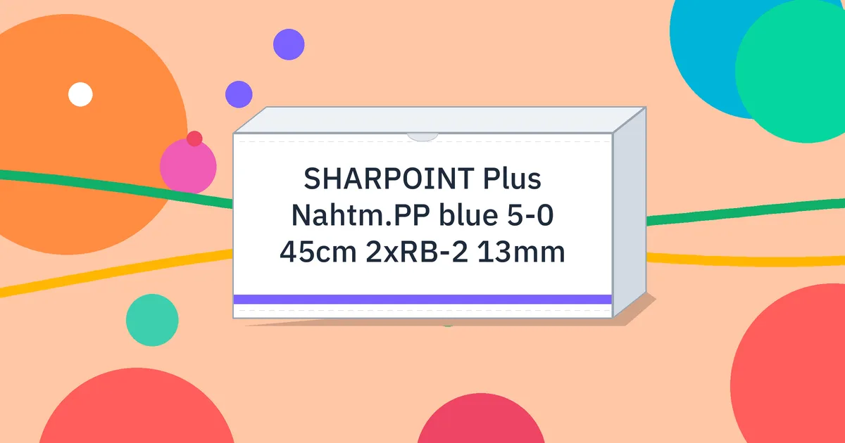 Symbolbild: Packung mit der Aufschrift SHARPOINT Plus Nahtm.PP blue 5-0 45cm 2xRB-2 13mm (PZN 17985980) – Verfügbarkeit und Bezug in Apotheken in Frankfurt am Main