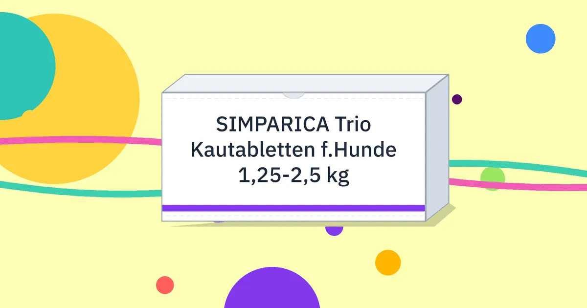 Symbolbild: Packung mit der Aufschrift SIMPARICA Trio Kautabletten f.Hunde 1,25-2,5 kg (PZN 17150732) – Verfügbarkeit und Bezug in Apotheken in Frankfurt am Main