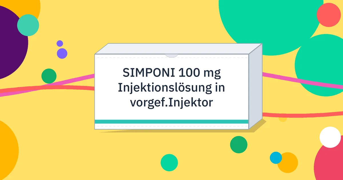 Symbolbild: Packung mit der Aufschrift SIMPONI 100 mg Injektionslösung in vorgef.Injektor (PZN 12452486) – Verfügbarkeit und Bezug in Apotheken in Frankfurt am Main