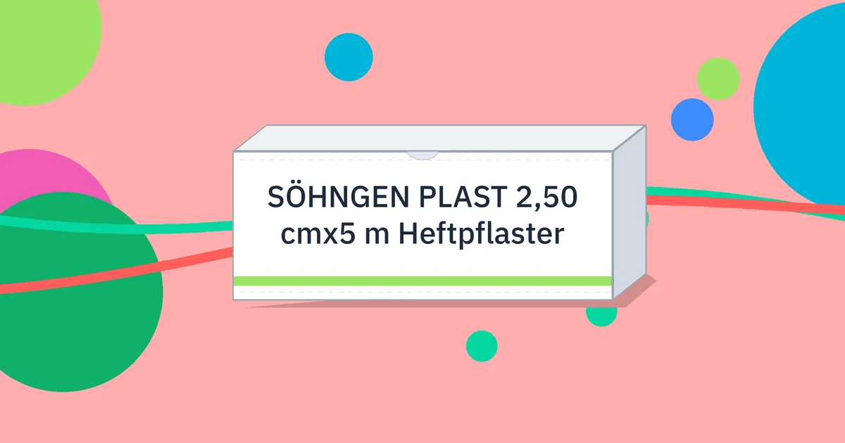 Symbolbild: Packung mit der Aufschrift SÖHNGEN PLAST 2,50 cmx5 m Heftpflaster (PZN 00008042) – Verfügbarkeit und Bezug in Apotheken in Frankfurt am Main