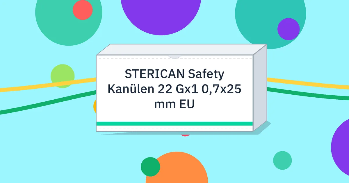 Symbolbild: Packung mit der Aufschrift STERICAN Safety Kanülen 22 Gx1 0,7x25 mm EU (PZN 13353846) – Verfügbarkeit und Bezug in Apotheken in Frankfurt am Main