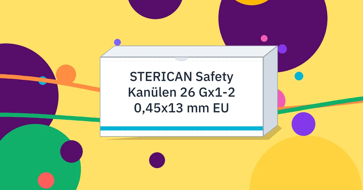 Symbolbild: Packung mit der Aufschrift STERICAN Safety Kanülen 26 Gx1-2 0,45x13 mm EU (PZN 15746544) – Verfügbarkeit und Bezug in Apotheken in Frankfurt am Main