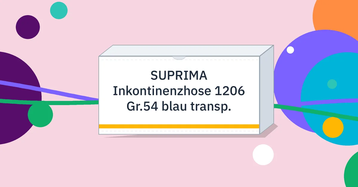 Symbolbild: Packung mit der Aufschrift SUPRIMA Inkontinenzhose 1206 Gr.54 blau transp. (PZN 01515255) – Verfügbarkeit und Bezug in Apotheken in Frankfurt am Main