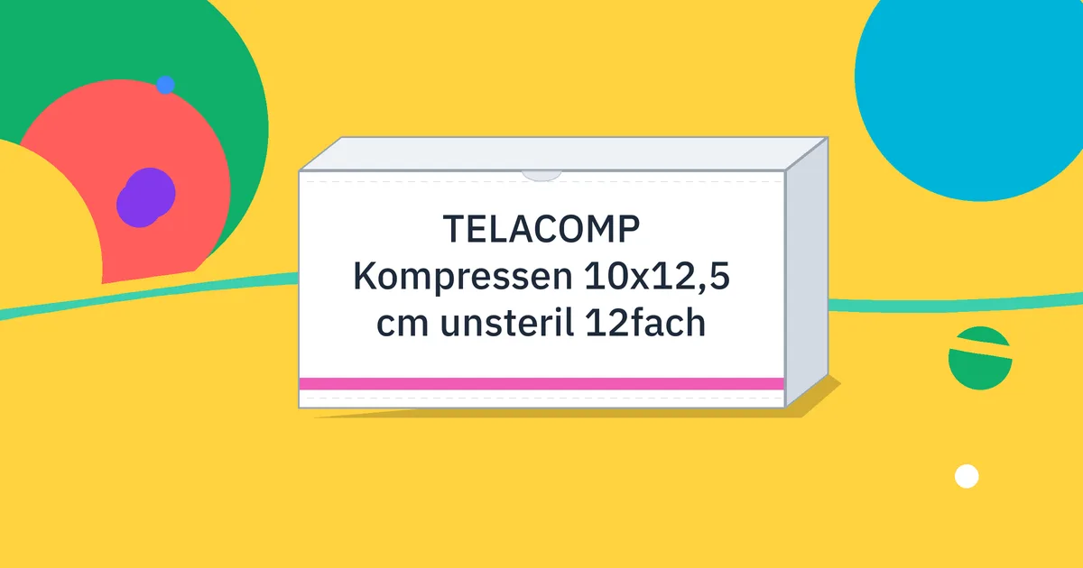 Symbolbild: Packung mit der Aufschrift TELACOMP Kompressen 10x12,5 cm unsteril 12fach (PZN 19889996) – Verfügbarkeit und Bezug in Apotheken in Frankfurt am Main