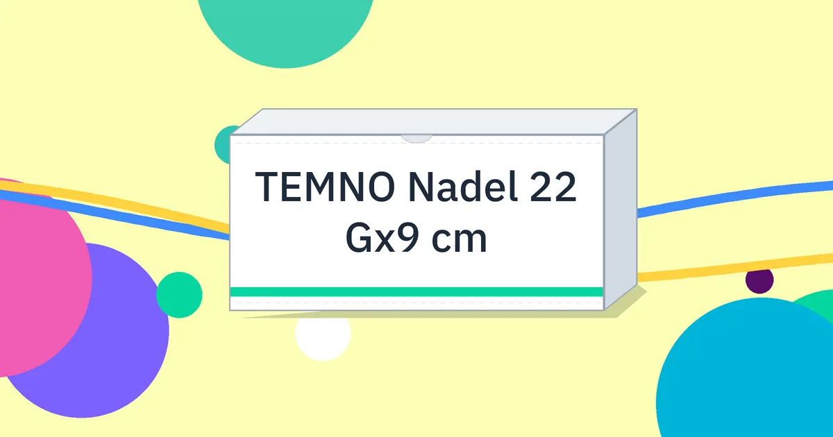 Symbolbild: Packung mit der Aufschrift TEMNO Nadel 22 Gx9 cm (PZN 18764815) – Verfügbarkeit und Bezug in Apotheken in Frankfurt am Main