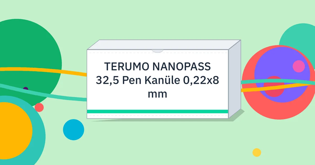 Symbolbild: Packung mit der Aufschrift TERUMO NANOPASS 32,5 Pen Kanüle 0,22x8 mm (PZN 16359708) – Verfügbarkeit und Bezug in Apotheken in Frankfurt am Main