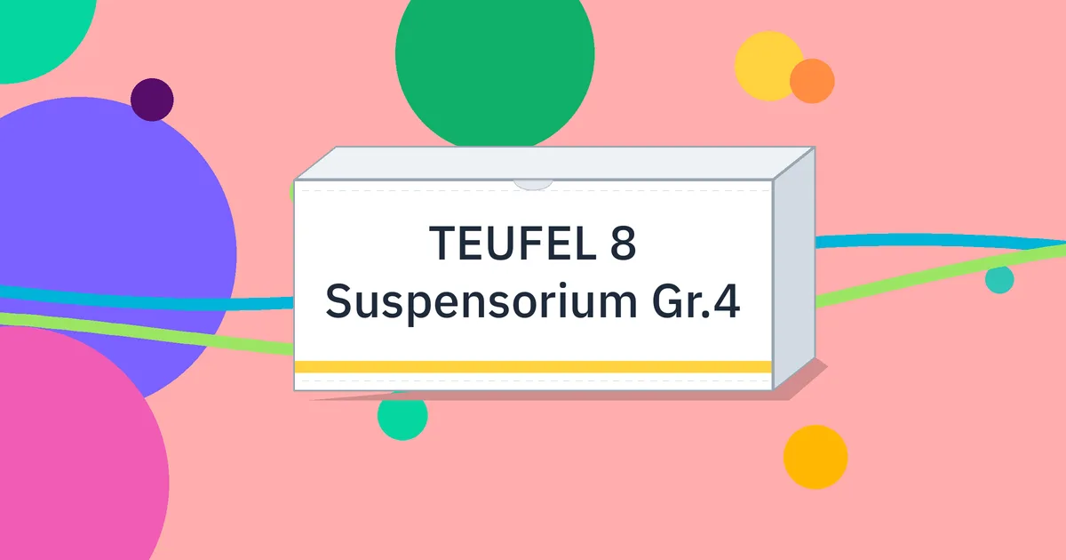 Symbolbild: Packung mit der Aufschrift TEUFEL 8 Suspensorium Gr.4 (PZN 02299345) – Verfügbarkeit und Bezug in Apotheken in Frankfurt am Main