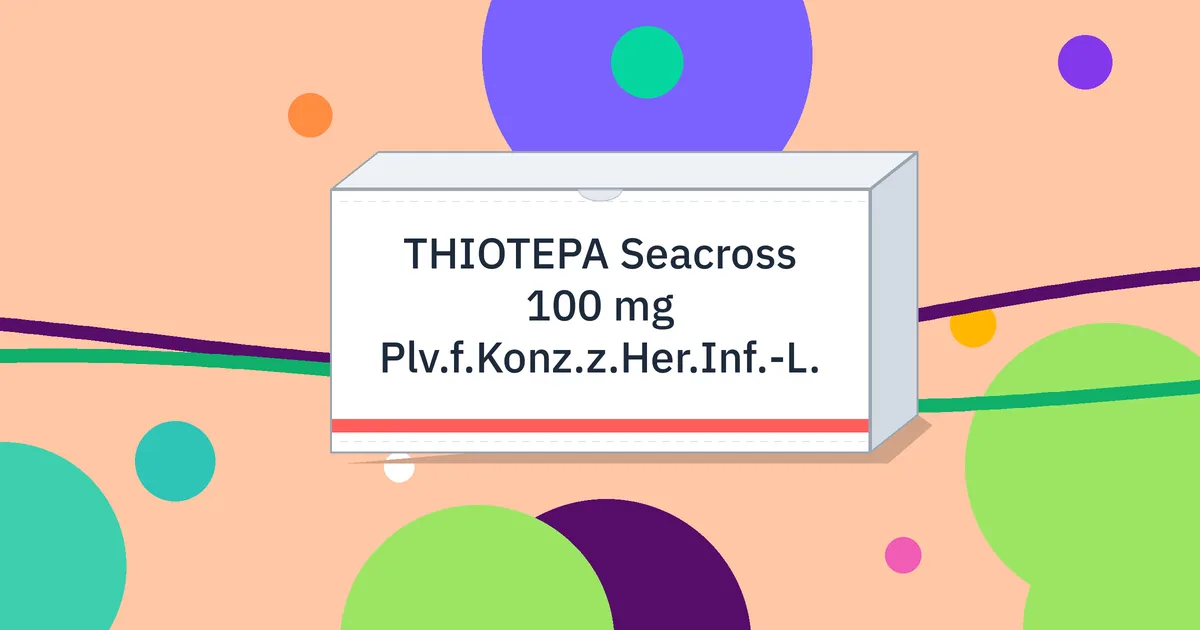 Symbolbild: Packung mit der Aufschrift THIOTEPA Seacross 100 mg Plv.f.Konz.z.Her.Inf.-L. (PZN 19491584) – Verfügbarkeit und Bezug in Apotheken in Frankfurt am Main