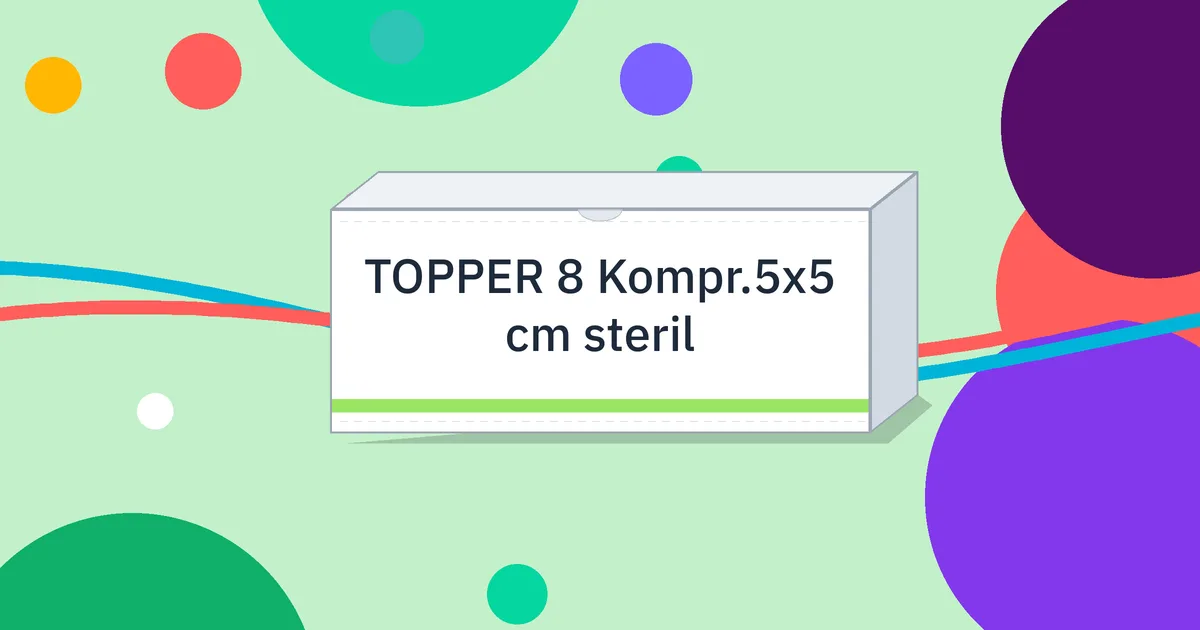 Symbolbild: Packung mit der Aufschrift TOPPER 8 Kompr.5x5 cm steril (PZN 05509493) – Verfügbarkeit und Bezug in Apotheken in Frankfurt am Main