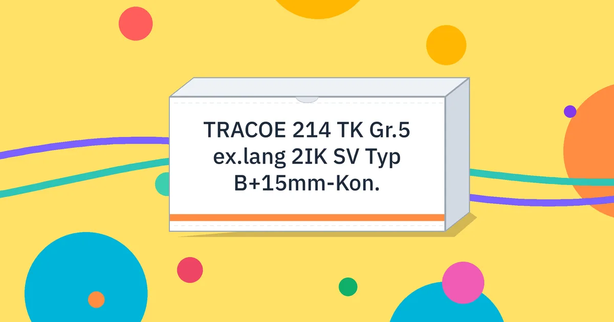 Symbolbild: Packung mit der Aufschrift TRACOE 214 TK Gr.5 ex.lang 2IK SV Typ B+15mm-Kon. (PZN 11643474) – Verfügbarkeit und Bezug in Apotheken in Frankfurt am Main