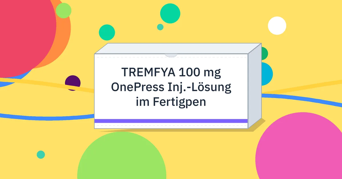 Symbolbild: Packung mit der Aufschrift TREMFYA 100 mg OnePress Inj.-Lösung im Fertigpen (PZN 20099029) – Verfügbarkeit und Bezug in Apotheken in Frankfurt am Main