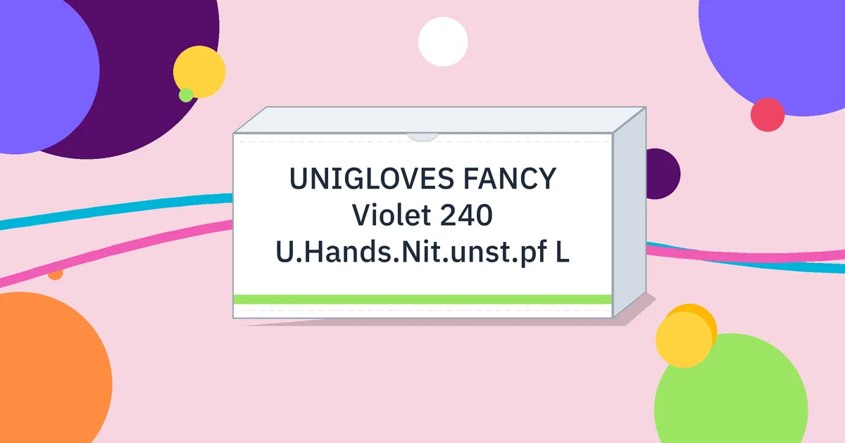 Symbolbild: Packung mit der Aufschrift UNIGLOVES FANCY Violet 240 U.Hands.Nit.unst.pf L (PZN 18725956) – Verfügbarkeit und Bezug in Apotheken in Frankfurt am Main
