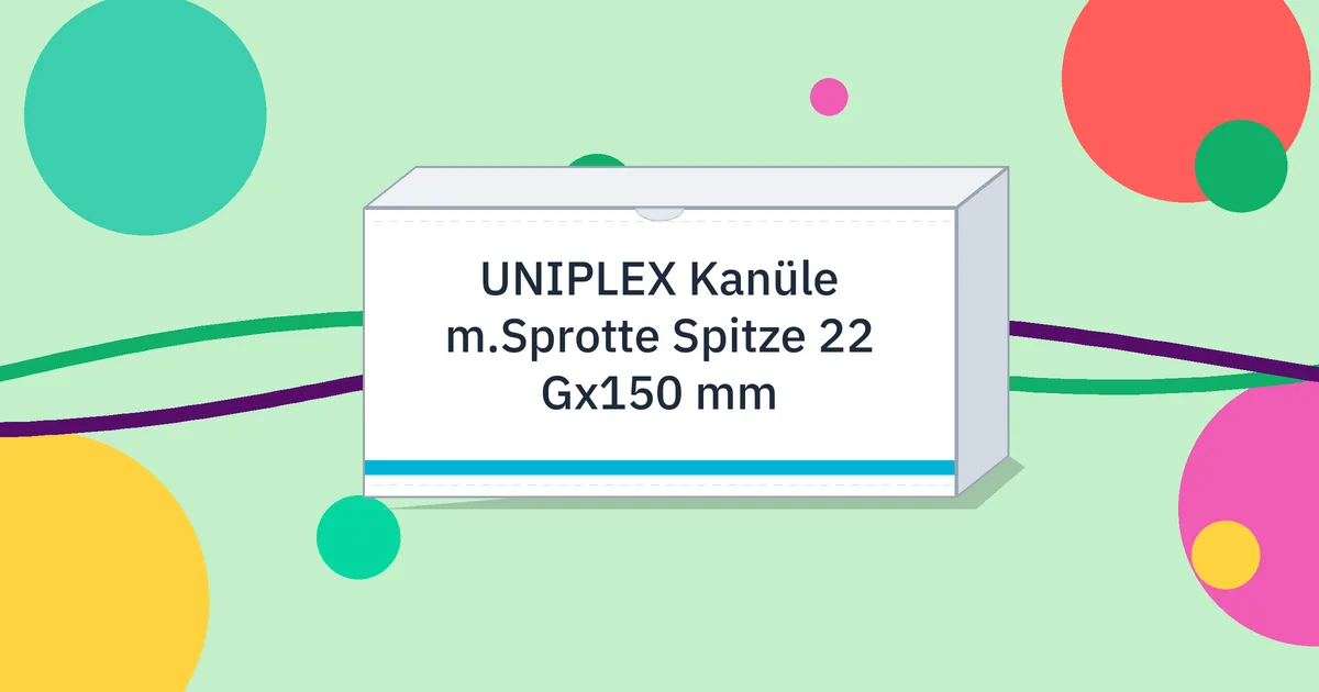 Symbolbild: Packung mit der Aufschrift UNIPLEX Kanüle m.Sprotte Spitze 22 Gx150 mm (PZN 03946077) – Verfügbarkeit und Bezug in Apotheken in Frankfurt am Main