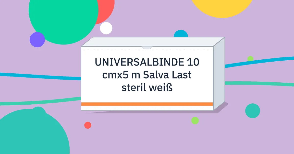 Symbolbild: Packung mit der Aufschrift UNIVERSALBINDE 10 cmx5 m Salva Last steril weiß (PZN 17152487) – Verfügbarkeit und Bezug in Apotheken in Frankfurt am Main