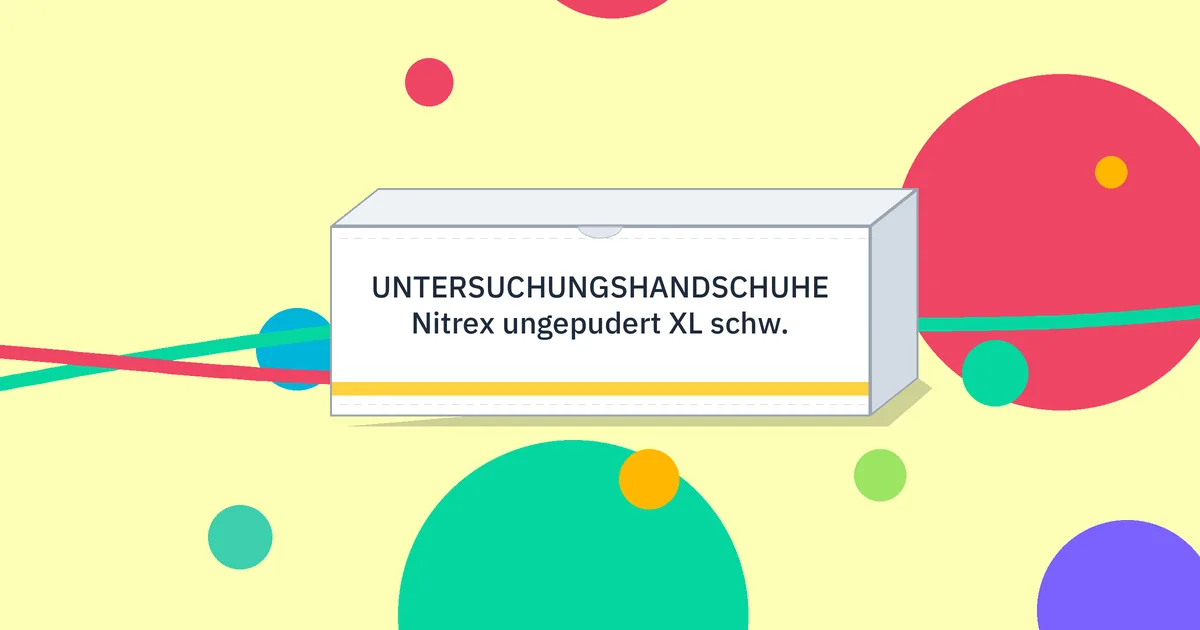 Symbolbild: Packung mit der Aufschrift UNTERSUCHUNGSHANDSCHUHE Nitrex ungepudert XL schw. (PZN 15403229) – Verfügbarkeit und Bezug in Apotheken in Frankfurt am Main