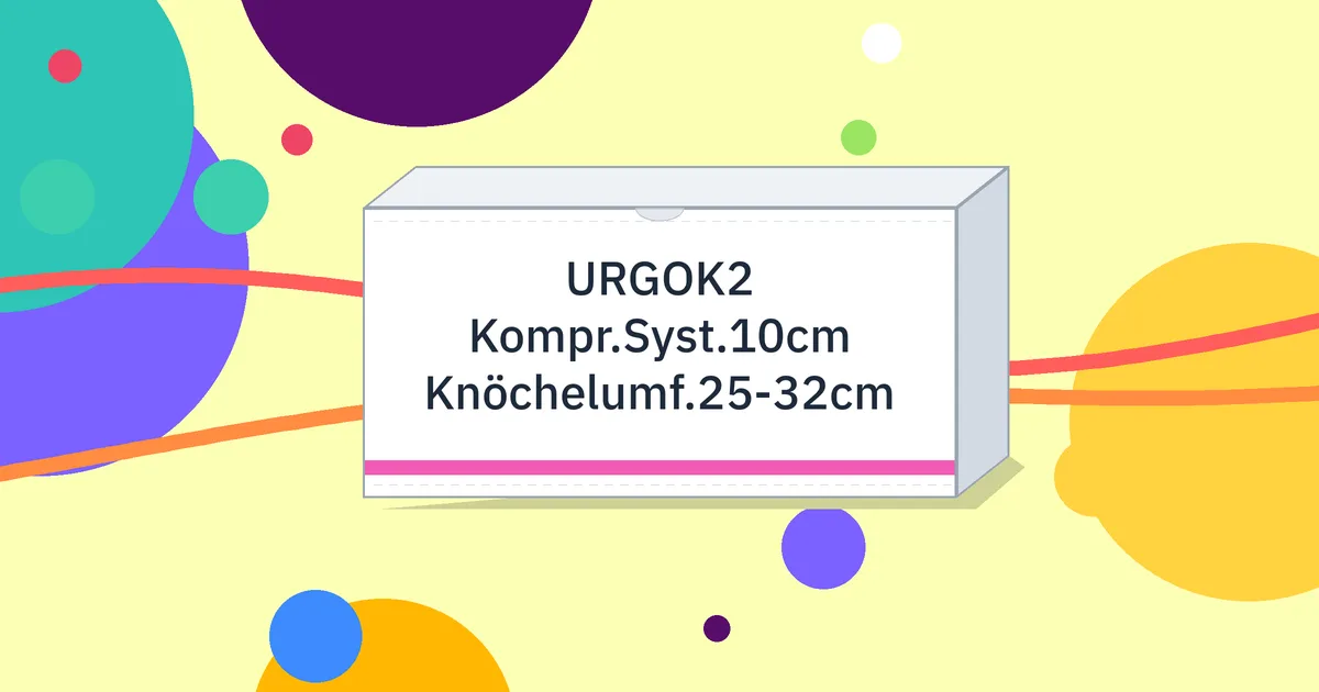 Symbolbild: Packung mit der Aufschrift URGOK2 Kompr.Syst.10cm Knöchelumf.25-32cm (PZN 01129196) – Verfügbarkeit und Bezug in Apotheken in Frankfurt am Main