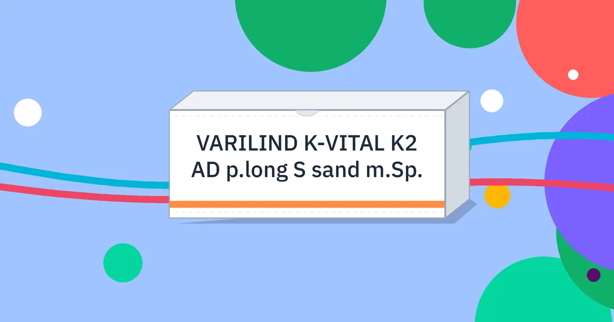 Symbolbild: Packung mit der Aufschrift VARILIND K-VITAL K2 AD p.long S sand m.Sp. (PZN 20567499) – Verfügbarkeit und Bezug in Apotheken in Frankfurt am Main