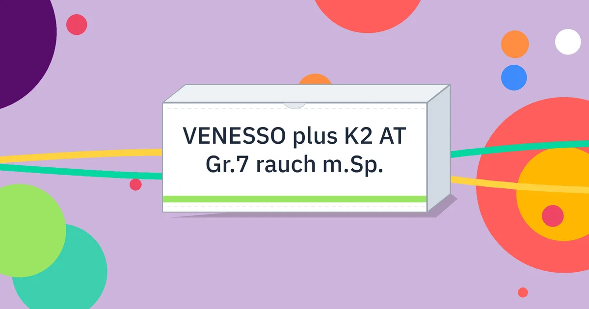 Symbolbild: Packung mit der Aufschrift VENESSO plus K2 AT Gr.7 rauch m.Sp. (PZN 03285871) – Verfügbarkeit und Bezug in Apotheken in Frankfurt am Main