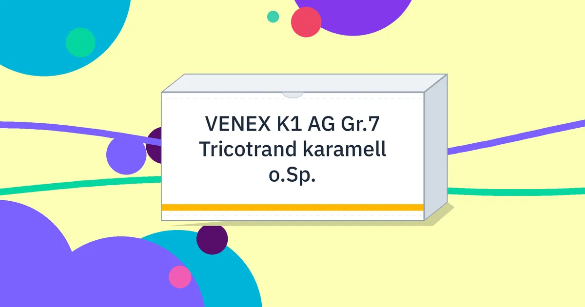 Symbolbild: Packung mit der Aufschrift VENEX K1 AG Gr.7 Tricotrand karamell o.Sp. (PZN 13762786) – Verfügbarkeit und Bezug in Apotheken in Frankfurt am Main