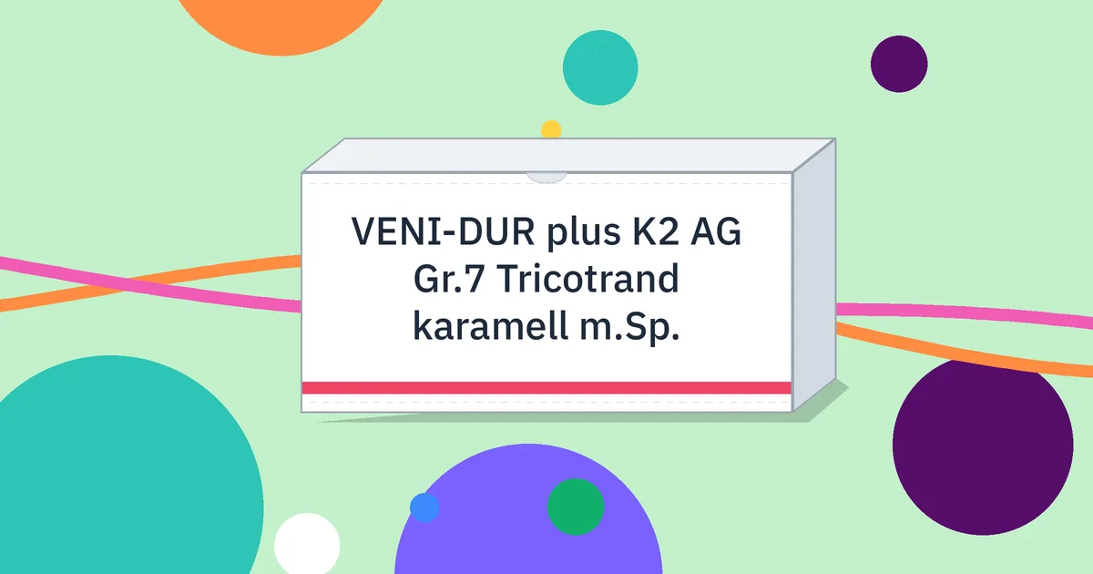 Symbolbild: Packung mit der Aufschrift VENI-DUR plus K2 AG Gr.7 Tricotrand karamell m.Sp. (PZN 13762591) – Verfügbarkeit und Bezug in Apotheken in Frankfurt am Main